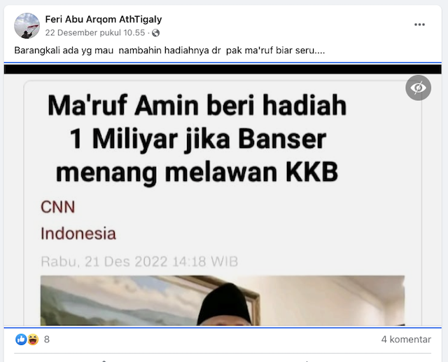 [Cek Fakta] Maruf Amin Janji akan Beri Rp1 Miliar untuk Banser Jika Bisa Kalahkan KBB? Cek Faktanya
